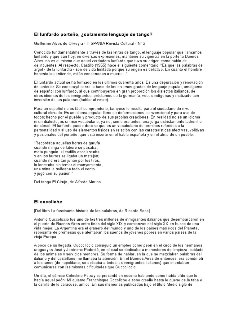 El Lunfardo Porteño | PDF | Musica Tango | Diccionario
