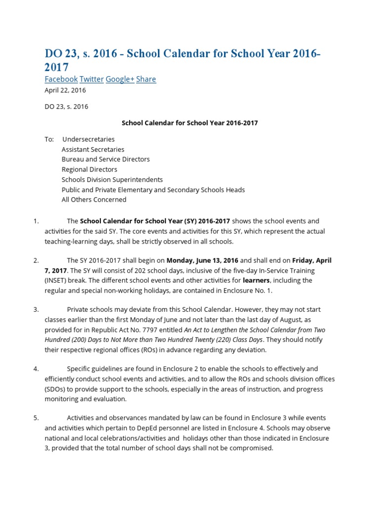 School Calendar for the 2016-2017 Academic Year: Key Dates, Holidays ...