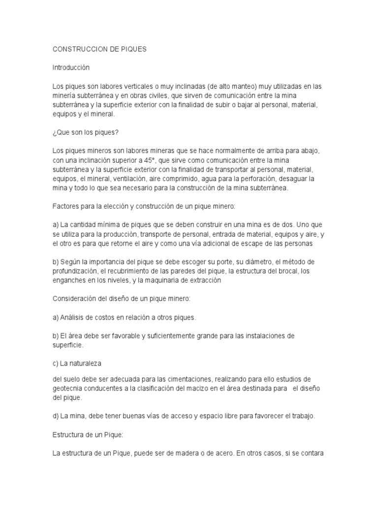 Tipos y Construcción de Piques Mineros | PDF | Revestimiento | Minería