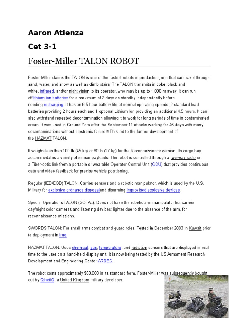 Foster-Miller TALON ROBOT: Aaron Atienza Cet 3-1 | PDF | Technology & Engineering
