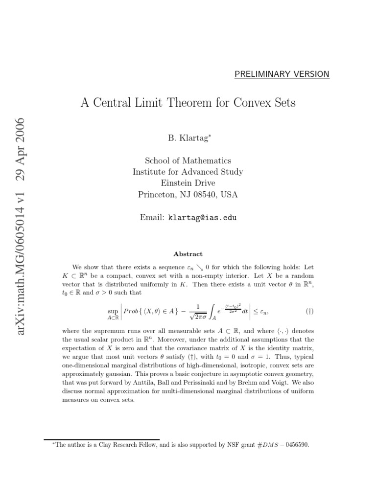 A Central Limit Theorem For Convex Sets | PDF | Normal Distribution | Covariance
