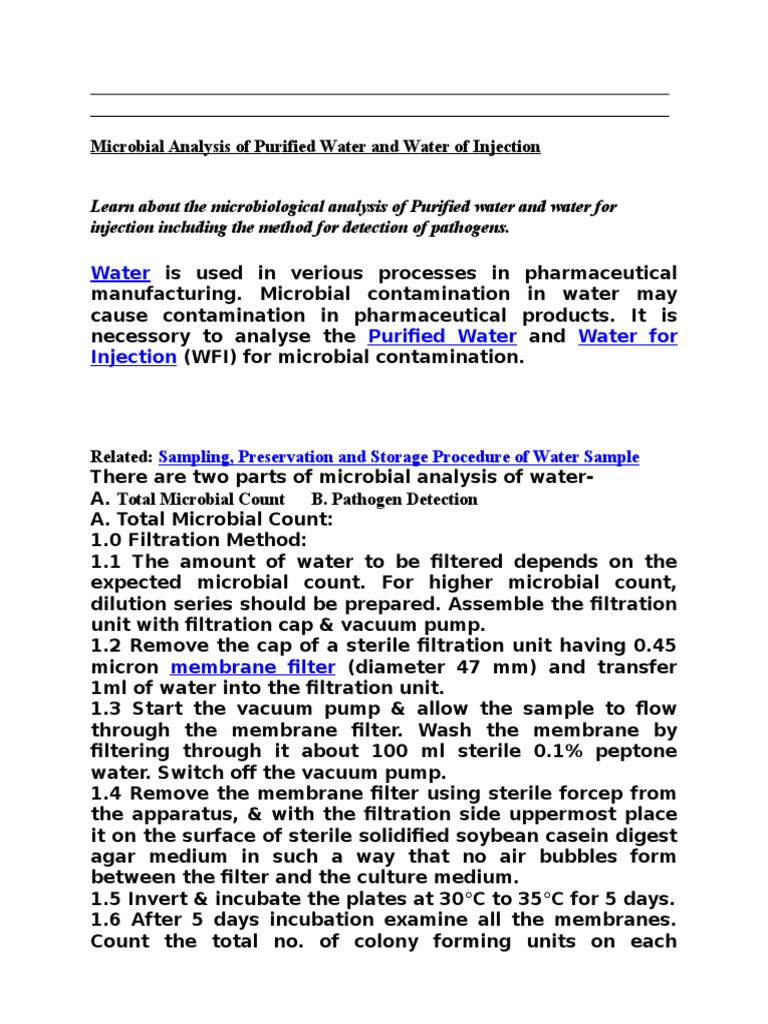 Microbial Analysis of Purified Water and Water for Injection: A ...
