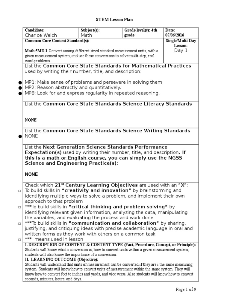 Star Lesson Plan Math 7 6 15 | PDF | Special Education | Science