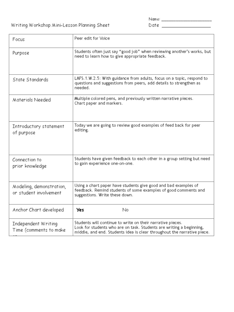 Peer Editing Workshop Planning Sheet | PDF | Career & Growth
