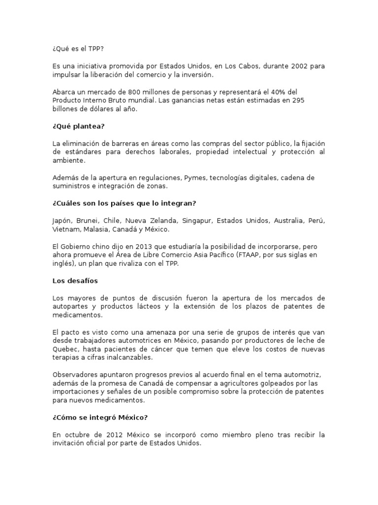 Qué Es El TPP | PDF | Acuerdo de Asociación Transpacífico | Cooperacion ...