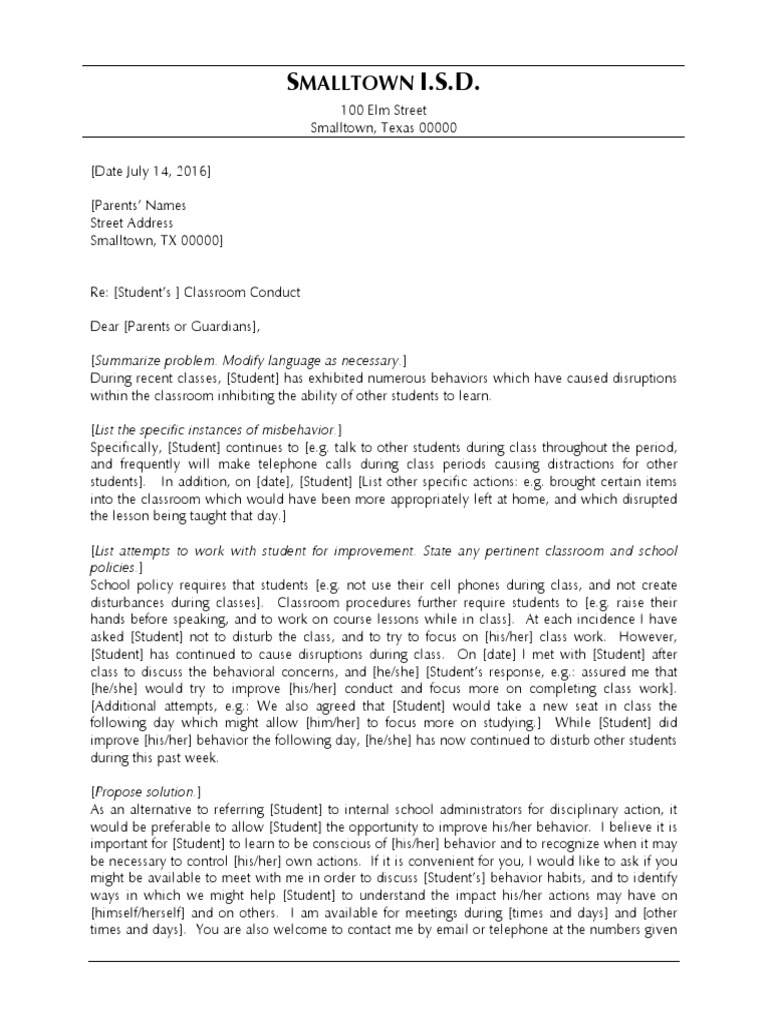 Classroom Conduct Letter | PDF | Classroom | Behavior