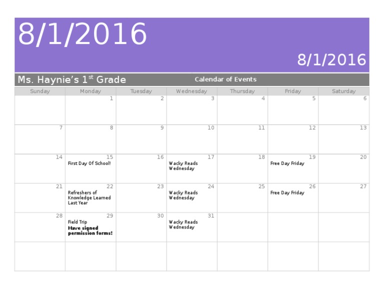 August Class Calendar | PDF