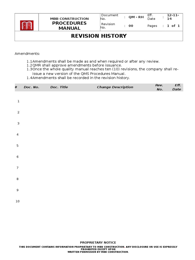 Revision History: Procedures Manual | PDF