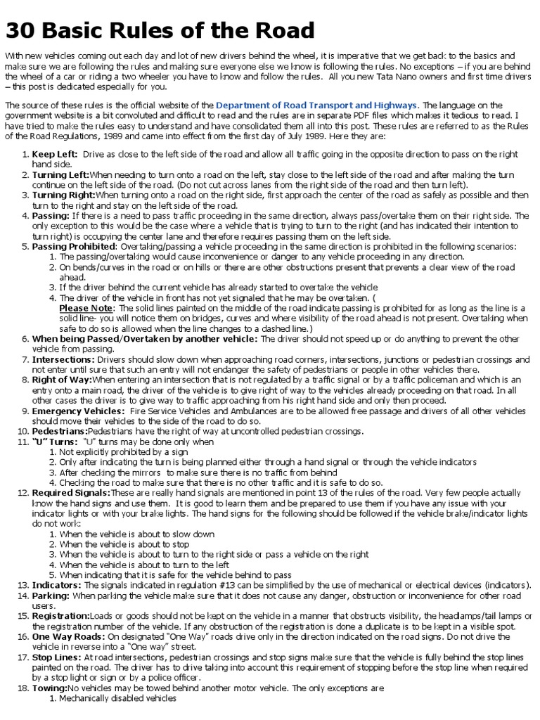 30 Basic Rules of The Road For India PDF | PDF | Traffic | Vehicles