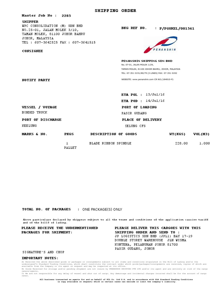 Shipping Order: Penanshin Shipping SDN BHD | PDF