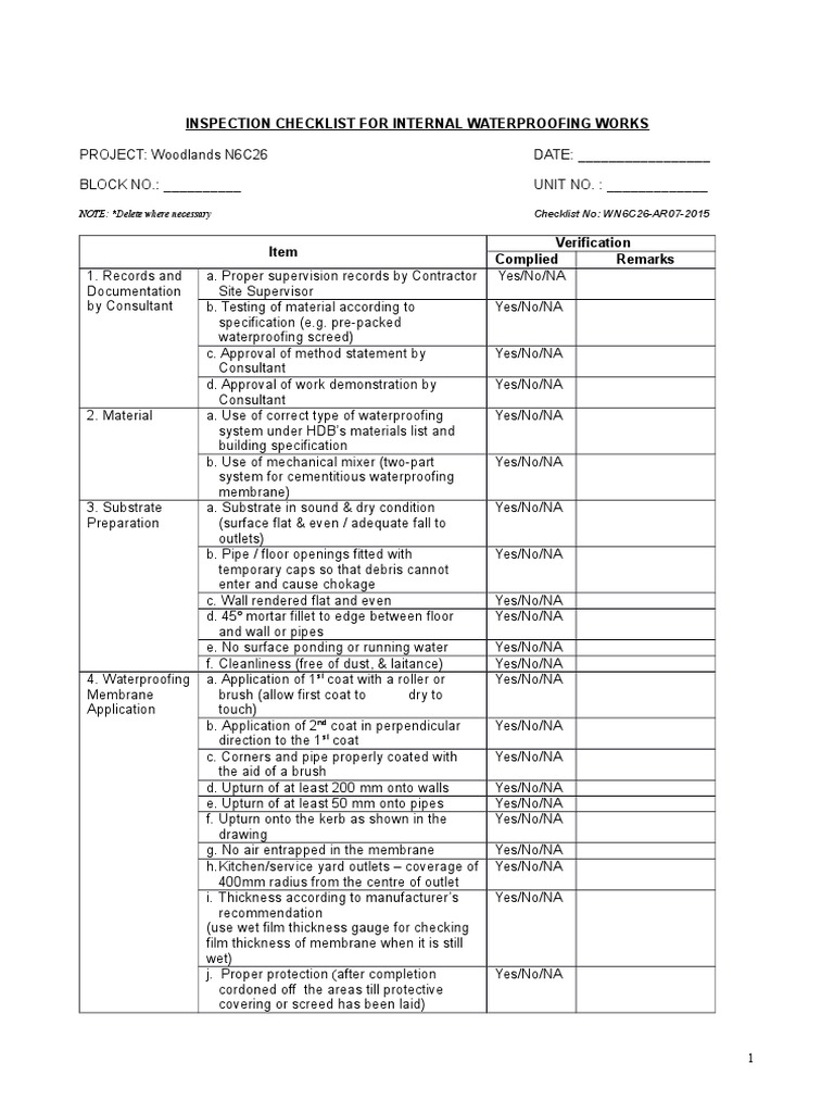 007 Internal Waterproofing Checklist Pdf Economic Sectors Materials
