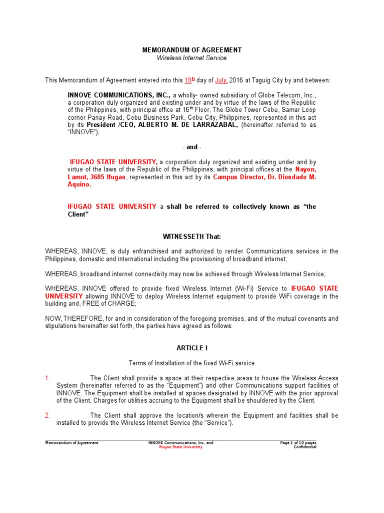 Wifi Memorandum of Agreement DRAFT1 | PDF | Wi Fi | Law Of Agency