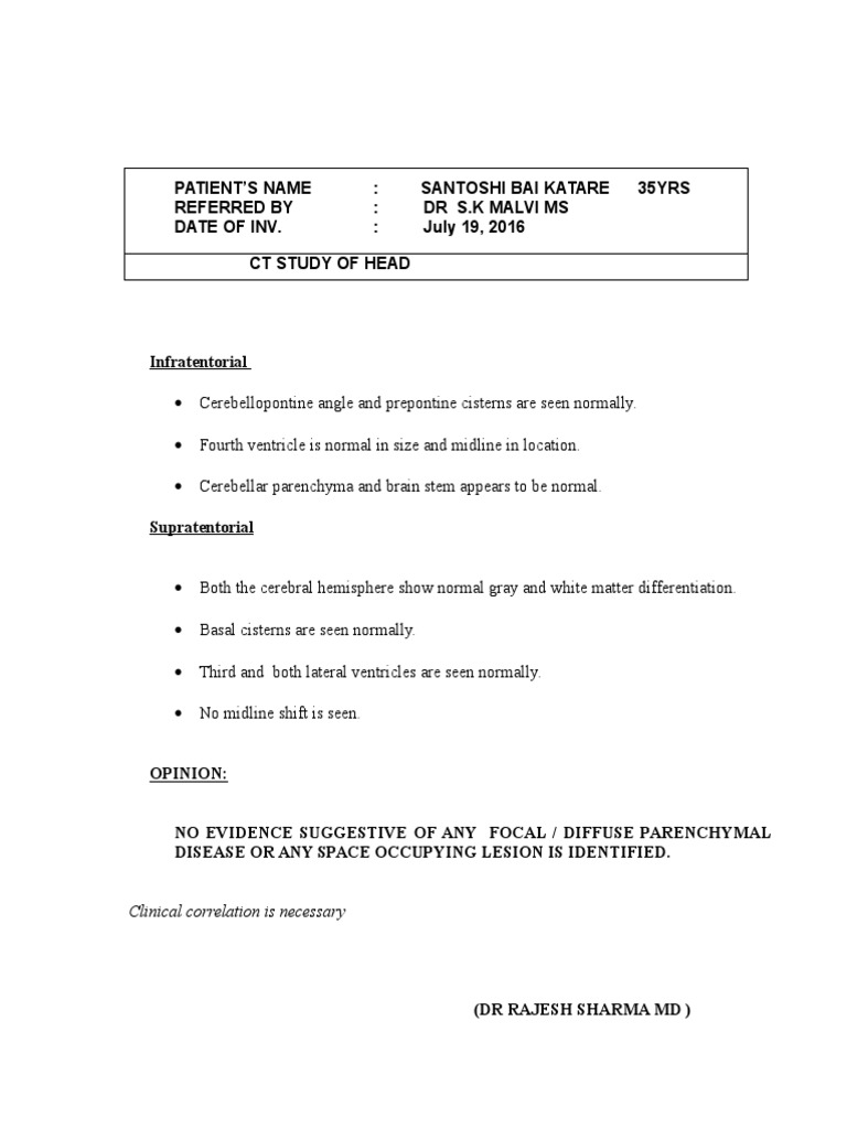 Normal Head CT Scan Report | PDF