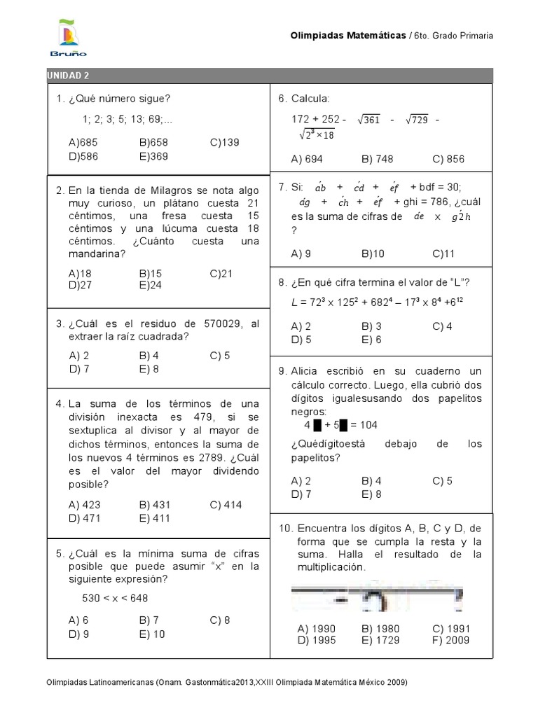 Olimpiadas Matemáticas 6to Grado Unidad 2 | PDF