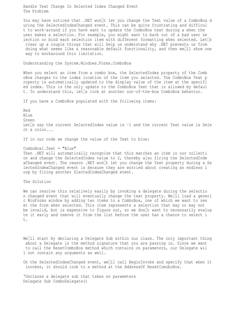 Handle Text Change in SelectedIndexChanged Event of Combobox | PDF ...