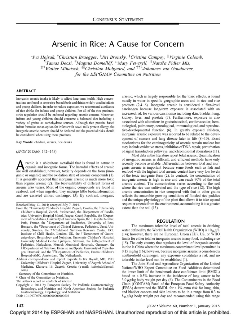 Arsenic in Rice: A Cause For Concern: Onsensus Tatement | PDF | Arsenic ...