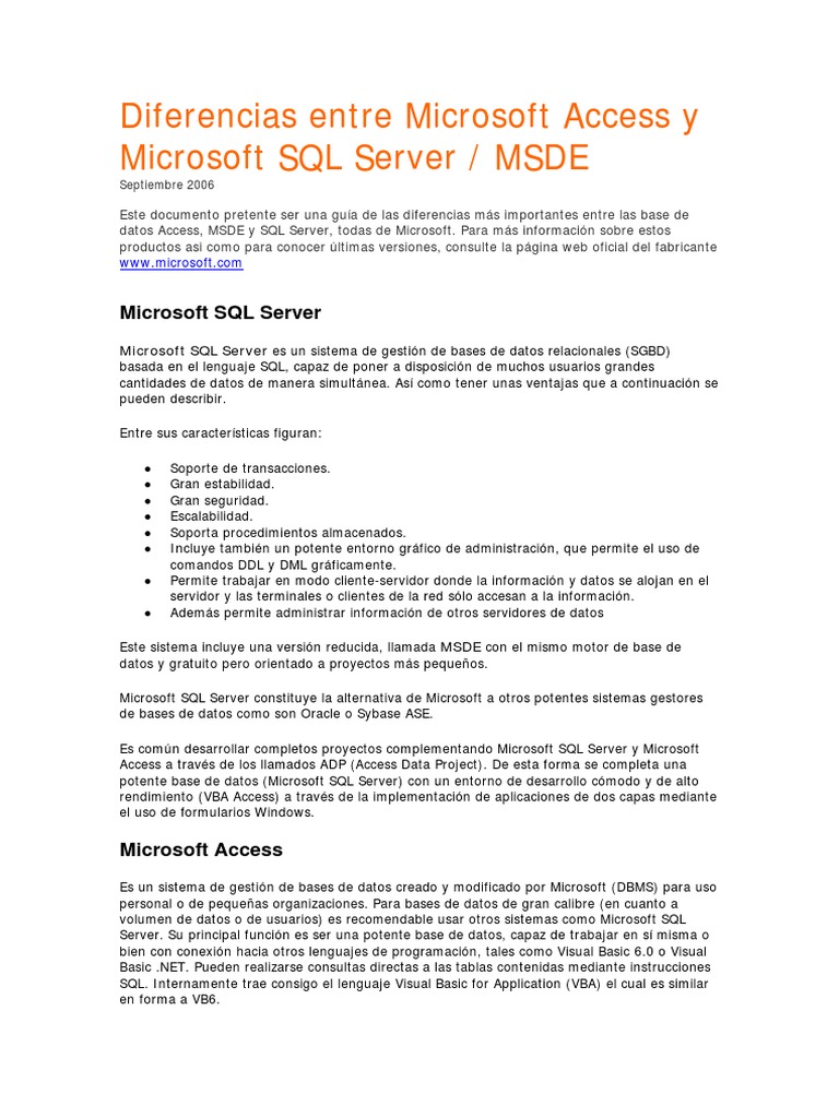 Diferencias Entre Microsoft Access y SQL Server | PDF
