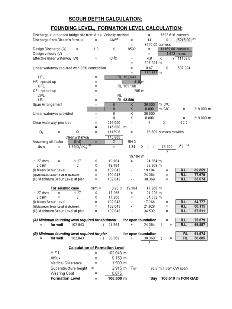 Scour Depth Calculation: Founding Level, Formation Level Calculation | PDF