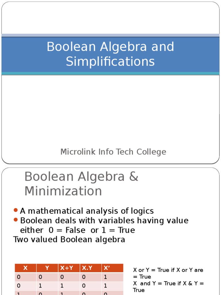 Boolean Algebra and Simplifications: Microlink Info Tech College | PDF ...