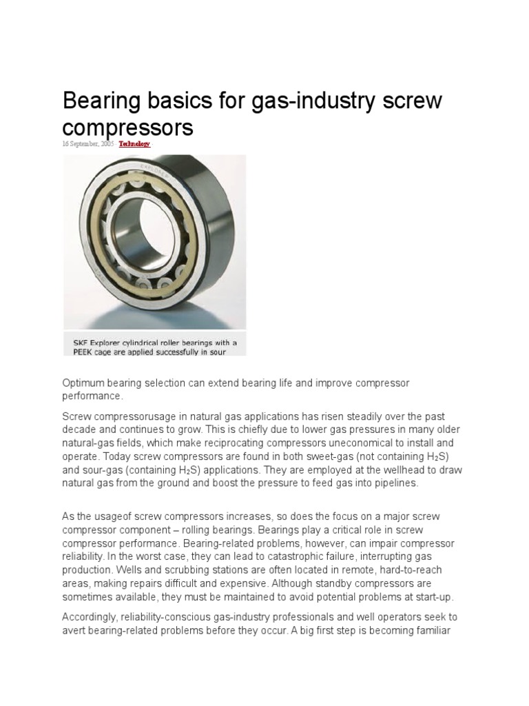 Bearing Basics For Gas-Industry Screw Compressors | PDF | Bearing ...