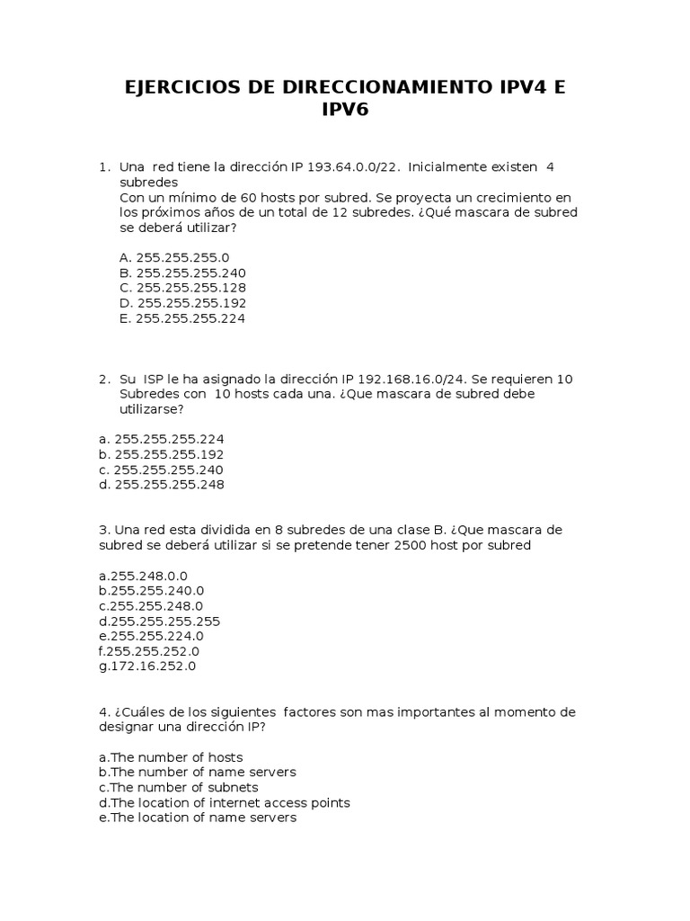 Ejercicios de Direccionamiento Ipv4 e Ipv6 | PDF | Dirección IP | Estándares de internet
