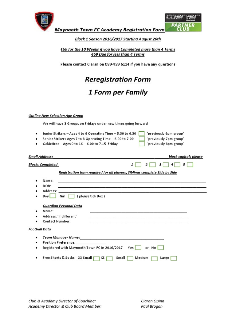 Academy Registration Form Block 1 Year 4 Existing Player | PDF
