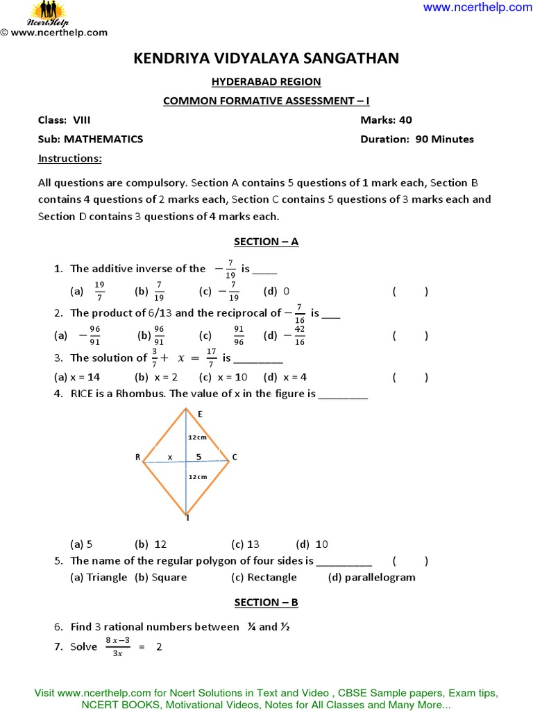 Cbse Sample Papers For Class 8 Mathematics FA 1 WITH SOLUTION | PDF ...