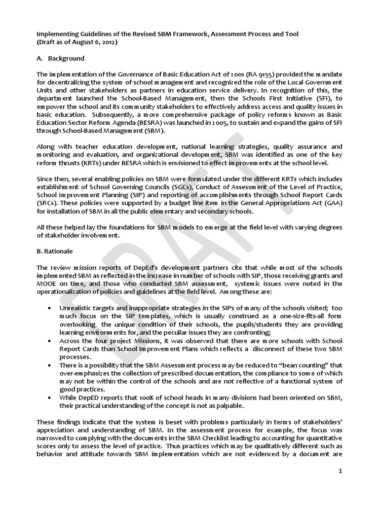 Revised SBM Framework and Assessment Guide | PDF | Educational ...