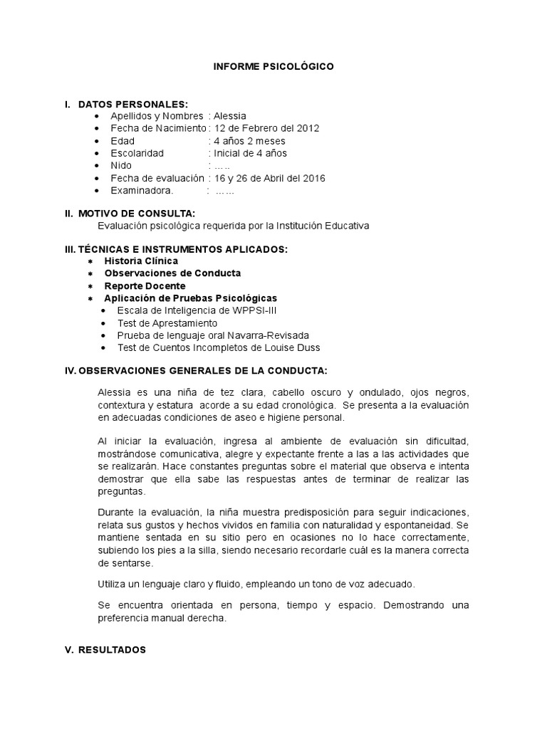 Modelo de Informe Psicológico | PDF | Sicología | Aprendizaje