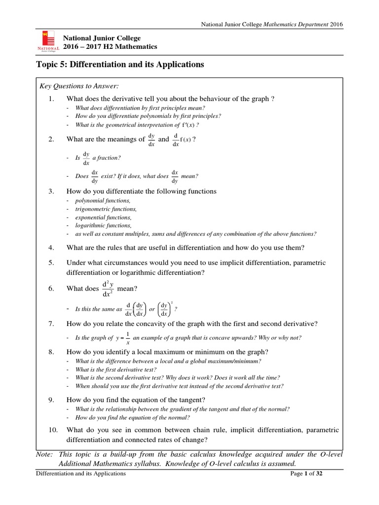 05 2016 - 2017 H2 Maths Differentiation and Its Applications Notes ...