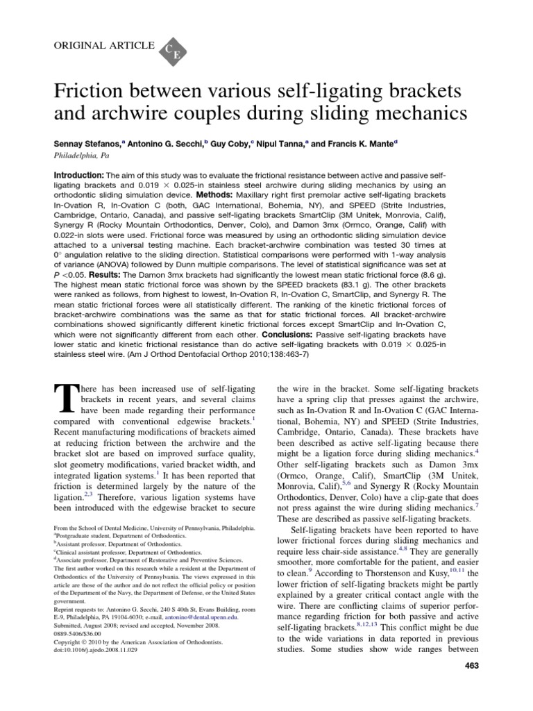 Friction Between Various Self-Ligating Brackets and Archwire Couples ...