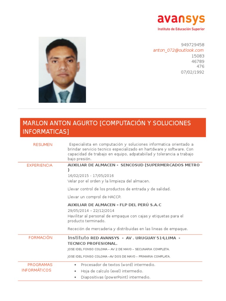 CV Marlon Anton Agurto | PDF