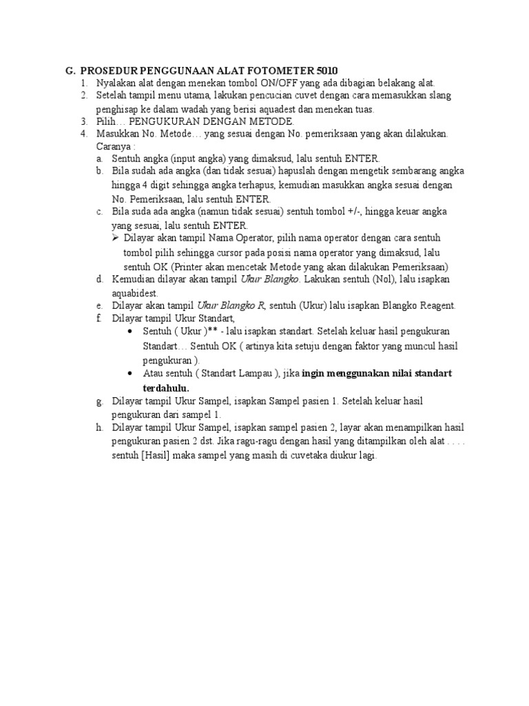 Prosedur Penggunaan Alat Fotometer 5010 | PDF