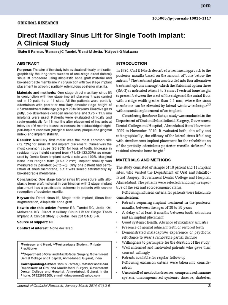 Direct Maxillary Sinus Lift For Single Tooth Implant A Clinical Study ...