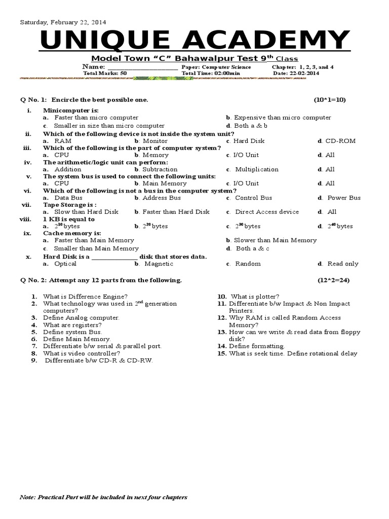 Unique Academy: Model Town "C" Bahawalpur Test 9 | PDF | Art | Computers