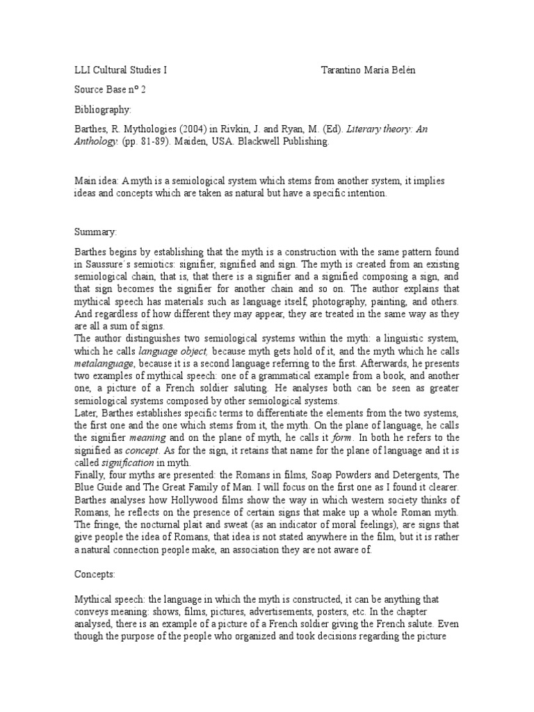 Source Base On R. Barthés | PDF | Semiotics | Mythology
