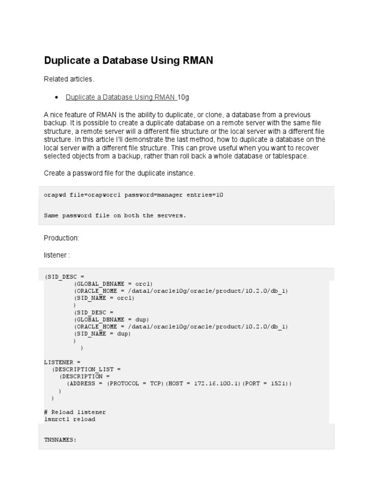 Duplicate A Database Using Rman 10g Pdf Oracle Database Oracle 