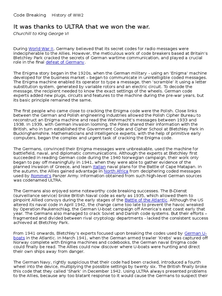 Code Breaking History of WW2 | PDF | Bletchley Park | Cryptanalysis