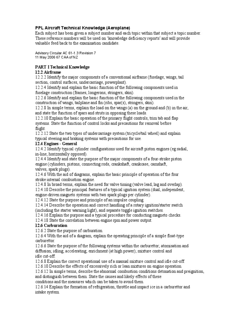 PPL Aircraft Technical Knowledge Syllabus | PDF | Stall (Fluid ...