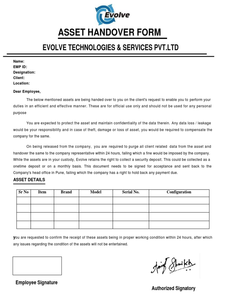 Asset Handover Form PDF | PDF | Career & Growth | Business