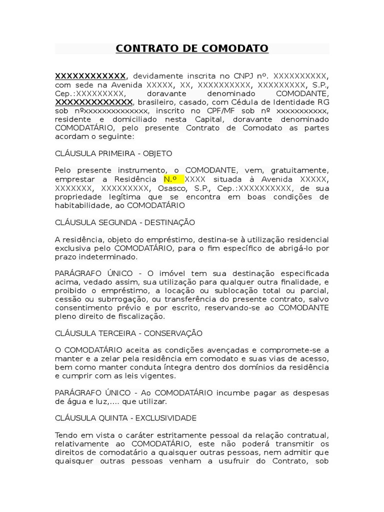 Contrato de Comodato - Modelo | Empréstimos | Direito Privado