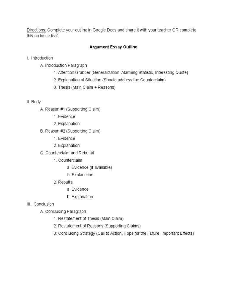 Argument Essay Outline Template | PDF