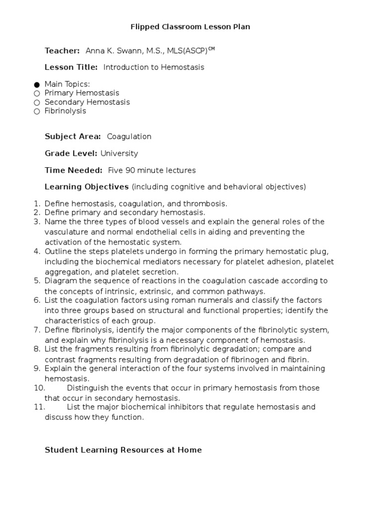 Project 1 - Lesson Plan - Anna Swann | PDF | Coagulation | Hemostasis