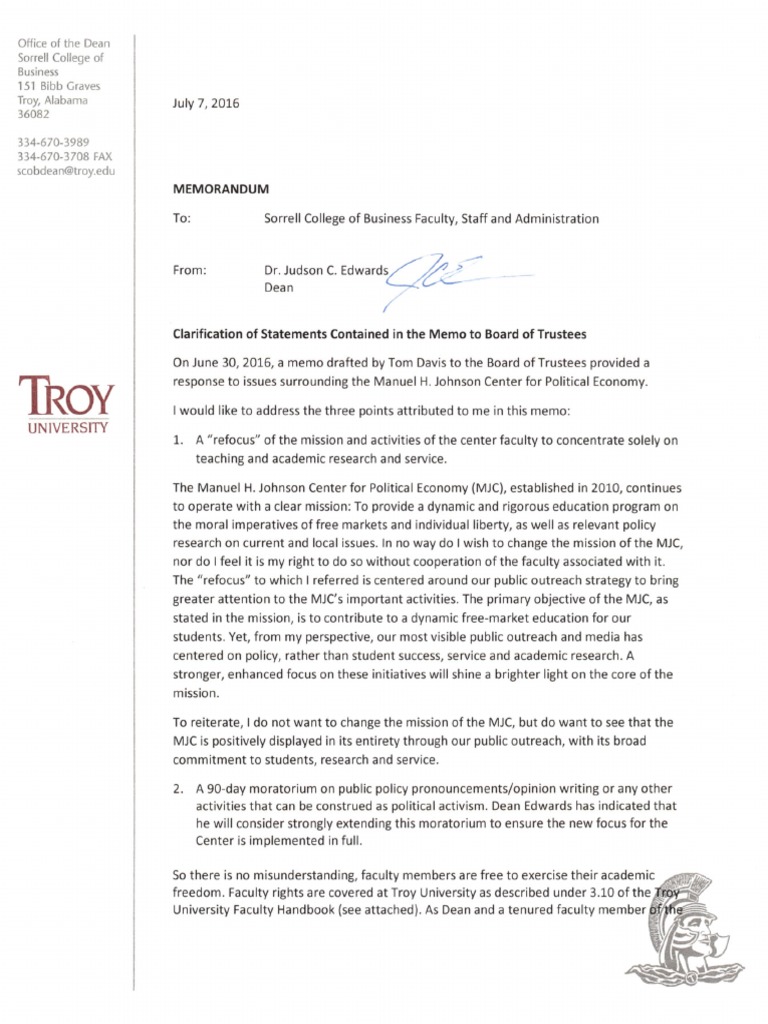Memo To Troy University Business School Faculty | PDF | Academic ...