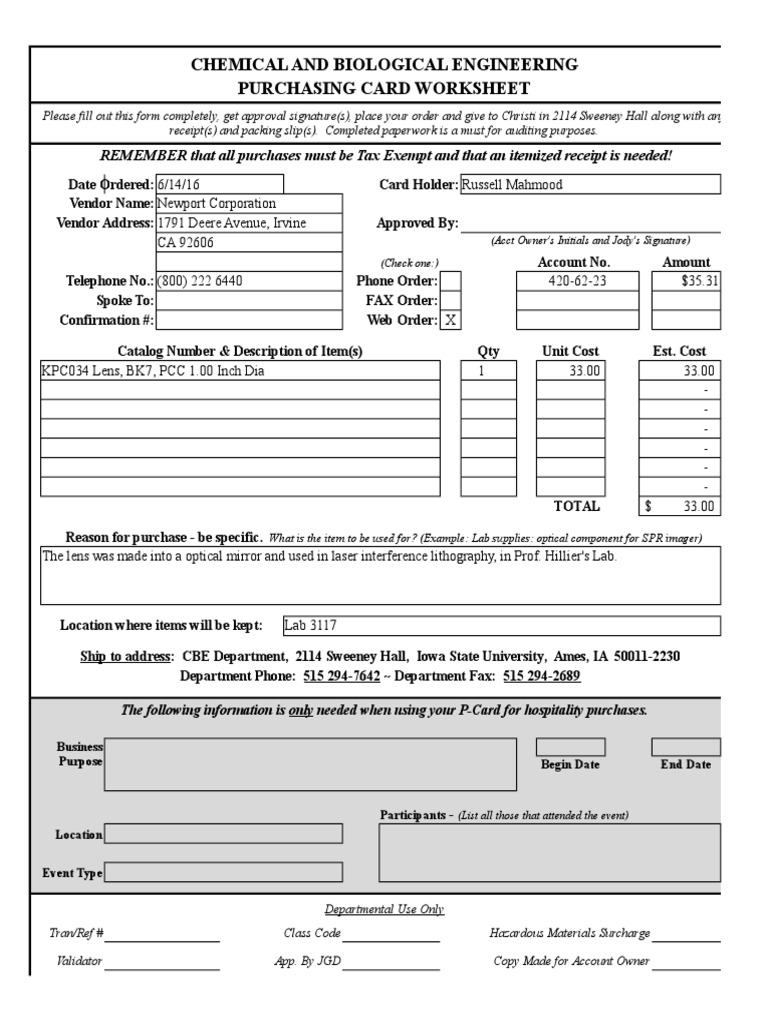 Chemical and Biological Engineering Purchasing Card Worksheet | PDF