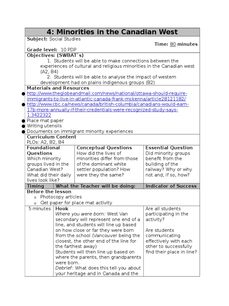4: Minorities in The Canadian West: Subject: Social Studies Grade Level ...