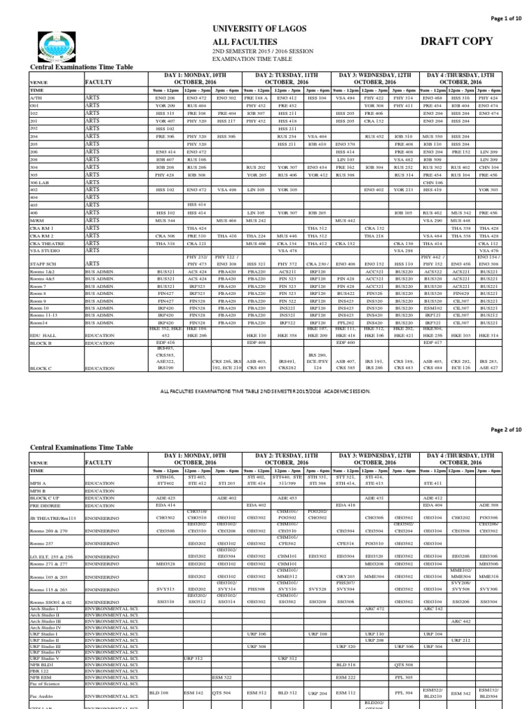 UNILAG 2016 Exam Timetable | PDF | Science | Academia