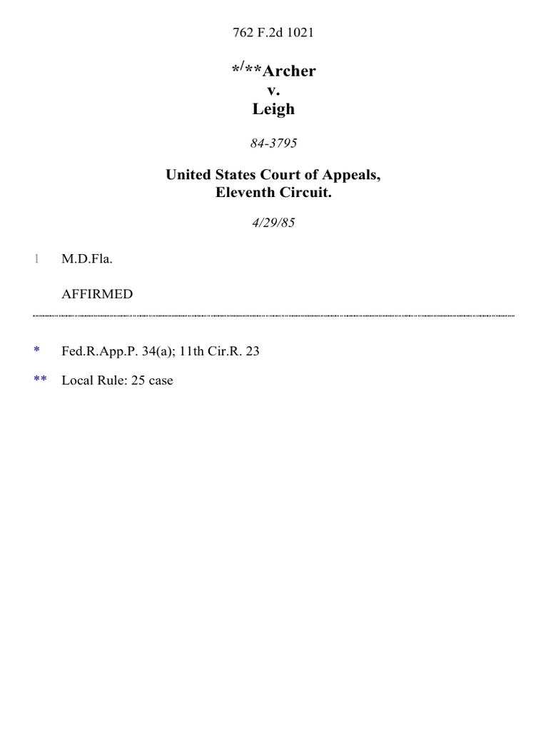 Archer v. Leigh, 762 F.2d 1021, 11th Cir. (1985) | PDF