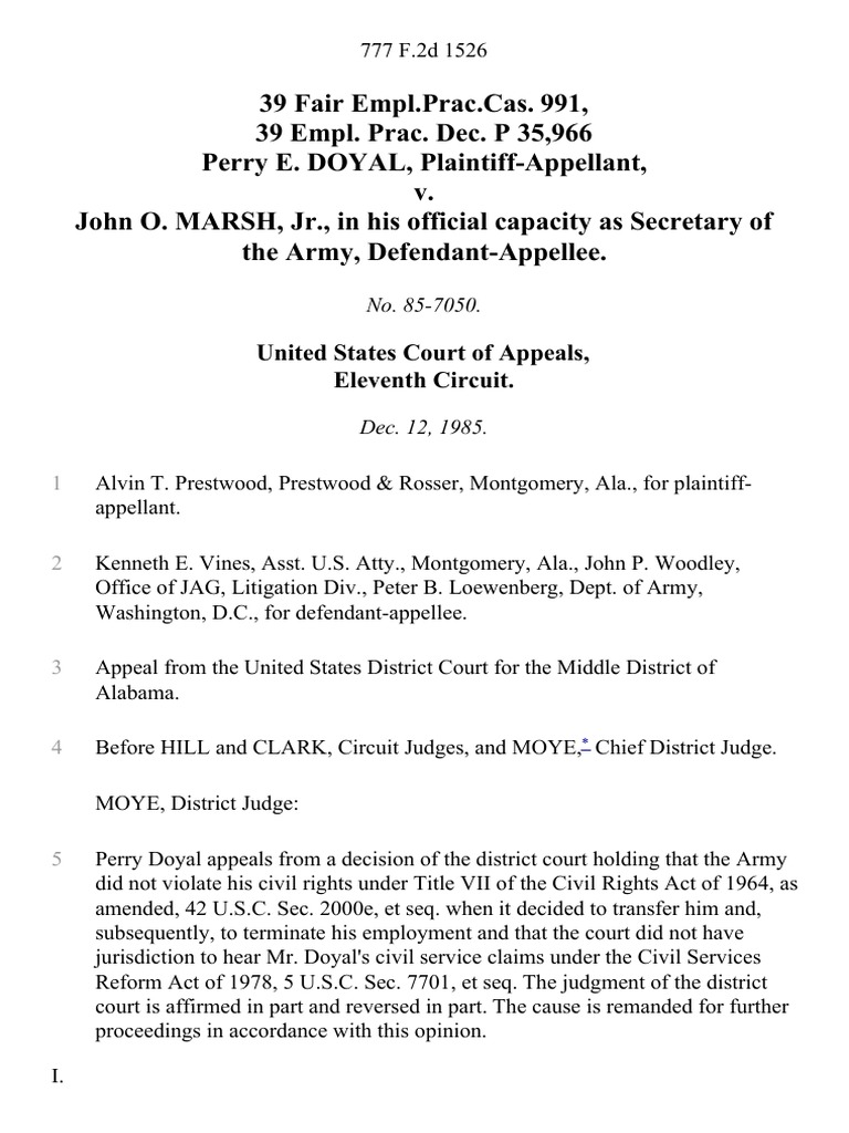 39 Fair Empl - Prac.cas. 991, 39 Empl. Prac. Dec. P 35,966 Perry E. Doyal v. John O. Marsh, JR ...