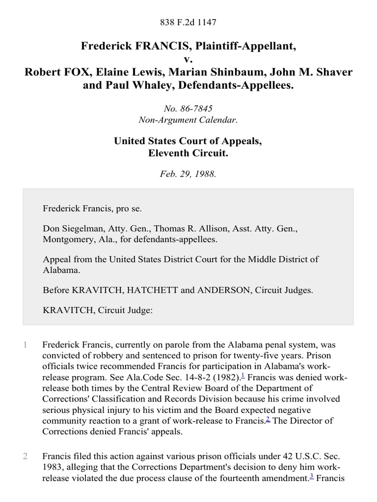 Frederick Francis v. Robert Fox, Elaine Lewis, Marian Shinbaum, John M ...